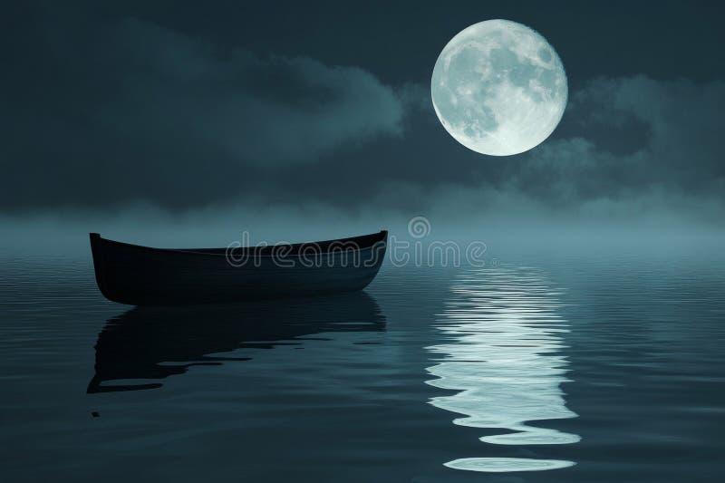 A Solitary Boat on a Calm Sea Under a Full Moon Stock Illustration ...