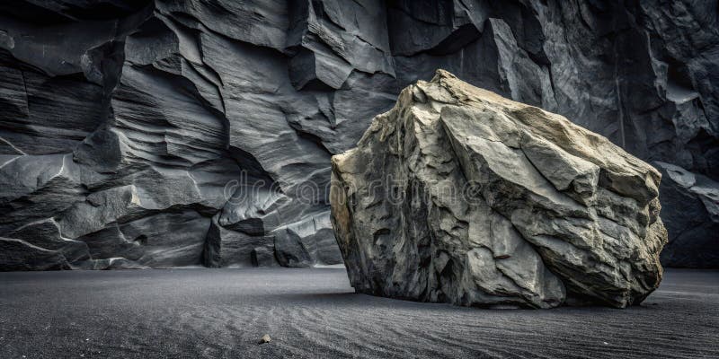 A Solitary Boulder Rests on Dark Sand before a Dramatic, Textured Cliff ...