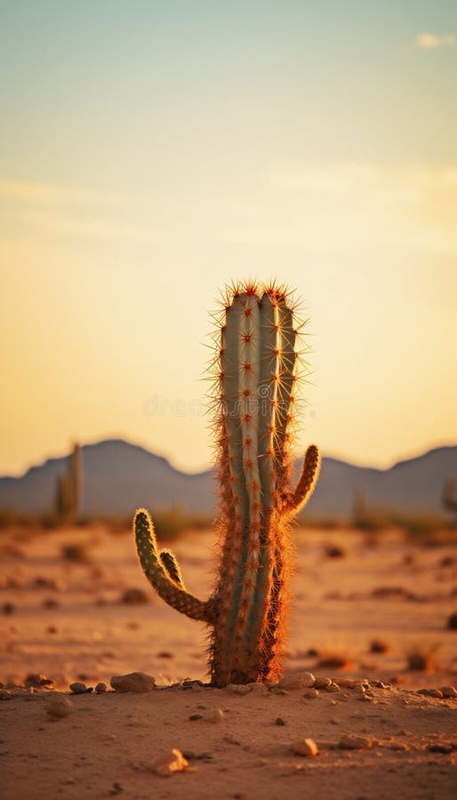 Solitary Cactus in a Muted Desert Landscape, Backlit by a Soft Sunset ...
