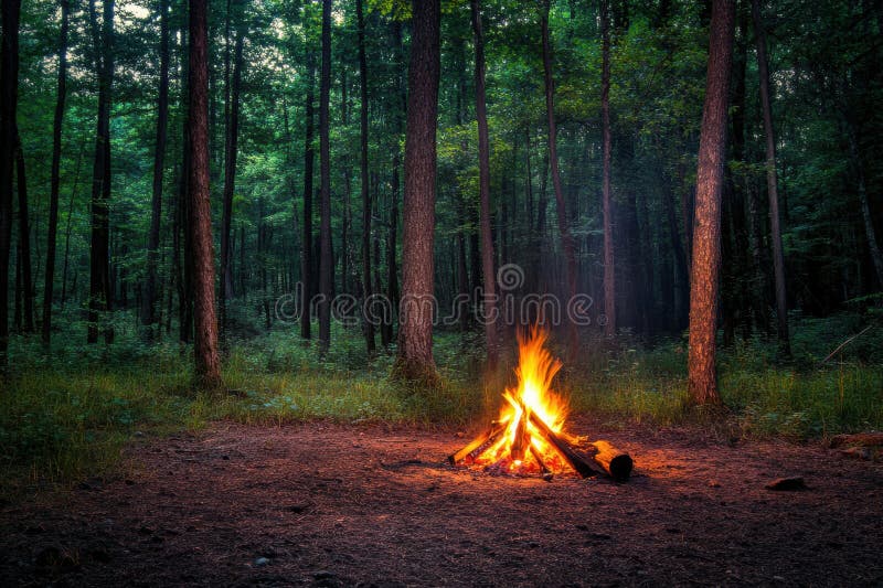 Solitary Campfire Glowing in a Forest Clearing at Night with Flickering ...