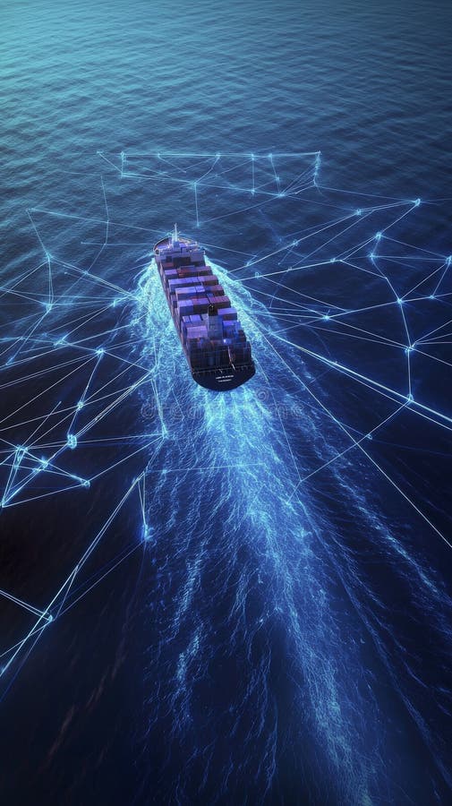 Solitary Cargo Ship in Dynamic Digital Water Grid Stock Illustration ...