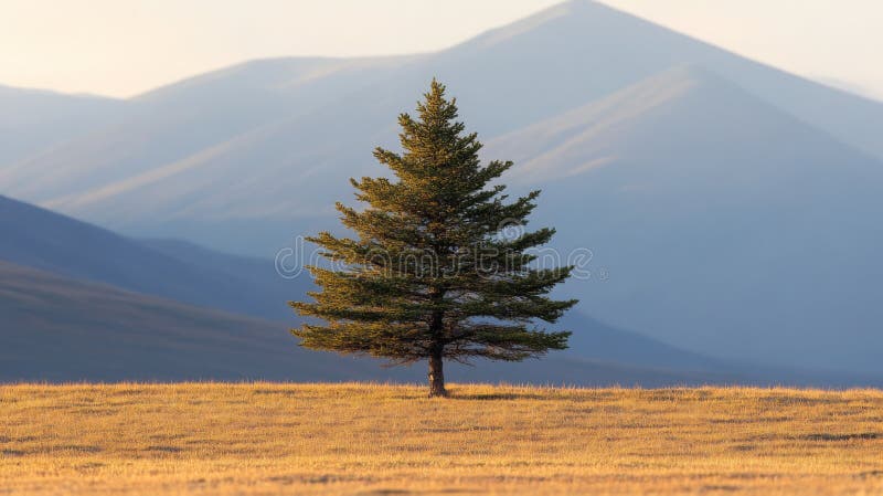 Solitary Conifer Tree Against Majestic Mountain Range Stock ...