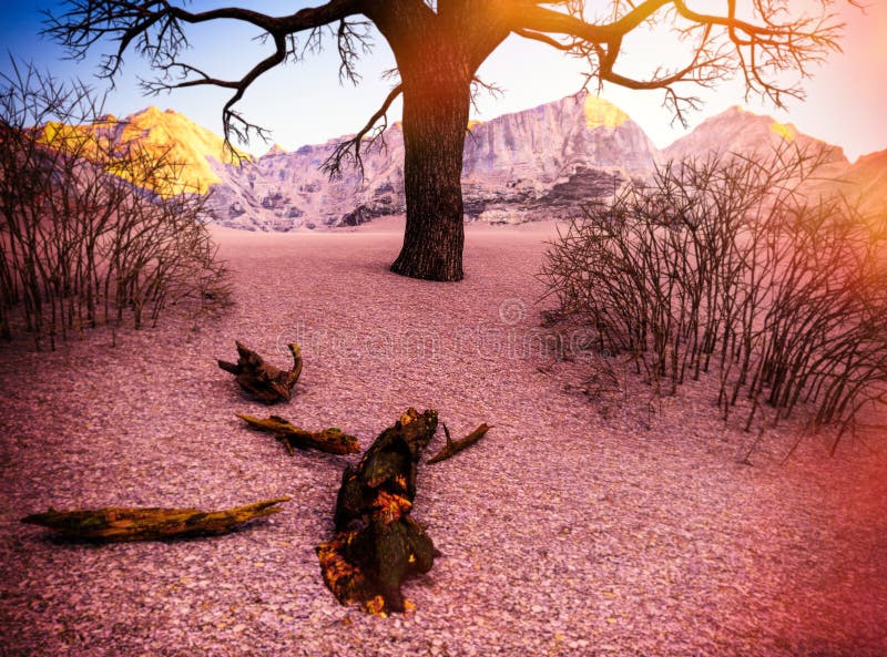 Solitary Dead Tree in Desert 3d Illustration Stock Illustration ...