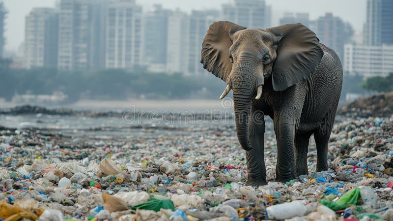 Solitary Elephant Amidst Plastic Waste Stock Image - Image of grey ...