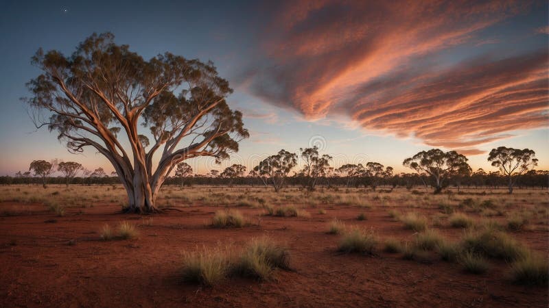 Solitary Eucalyptus Tree in the Australian Outback at Sunset Stock ...