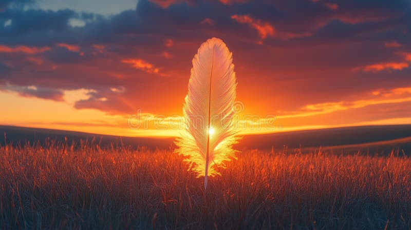 Solitary Feather at Sunset on Grassy Hill with Dramatic Sky Stock Image ...