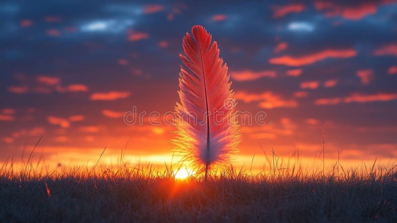 Solitary Feather at Sunset on Grassy Hill with Dramatic Sky Stock Photo ...