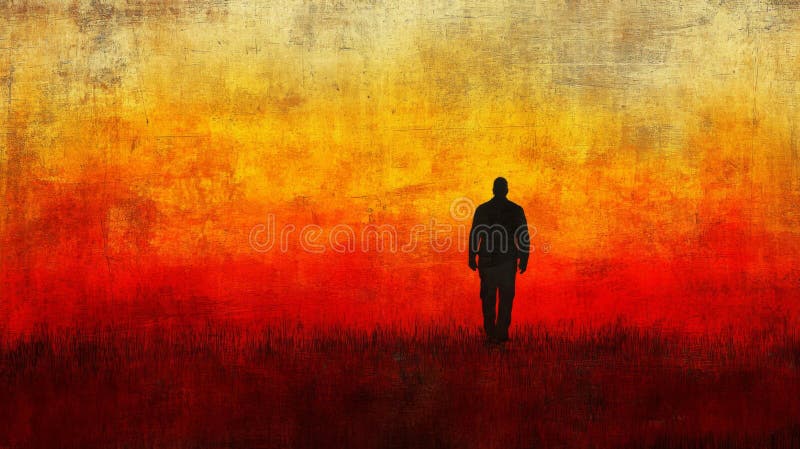 Solitary Figure Against a Fiery Sunset Sky Stock Illustration ...