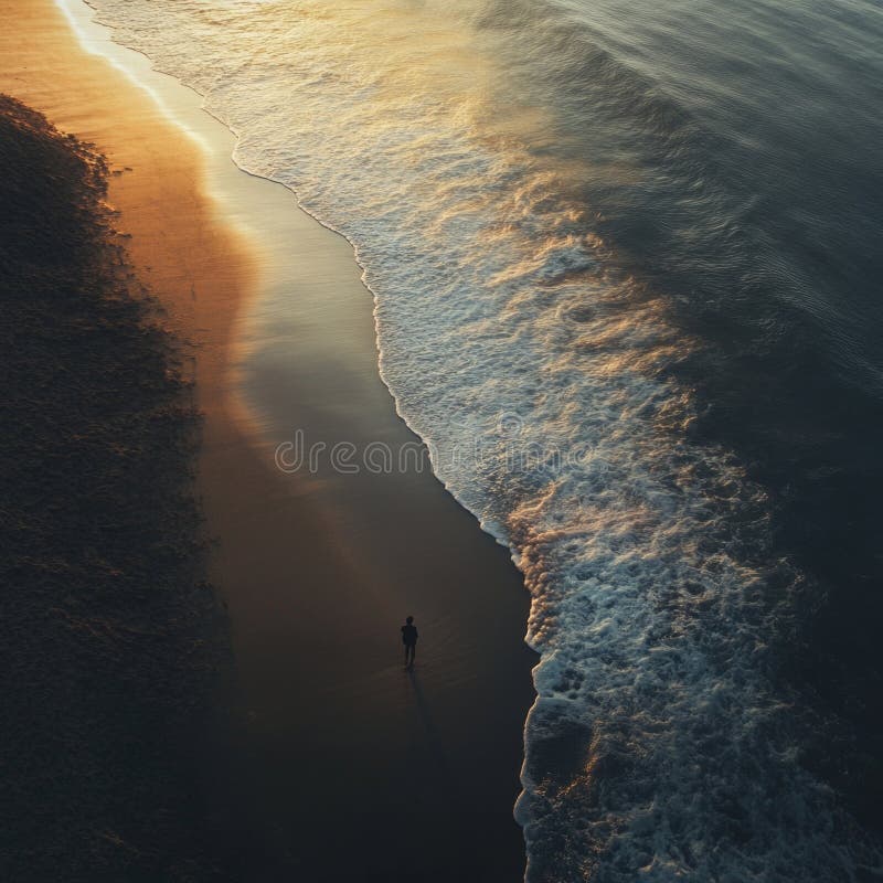 Solitary Figure on Beach at Sunset with Waves and Golden Light Stock ...