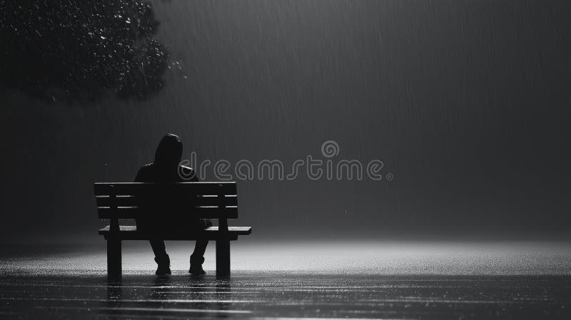 Solitary Figure on Bench in Dark Park, Illuminated by Rainfall and ...