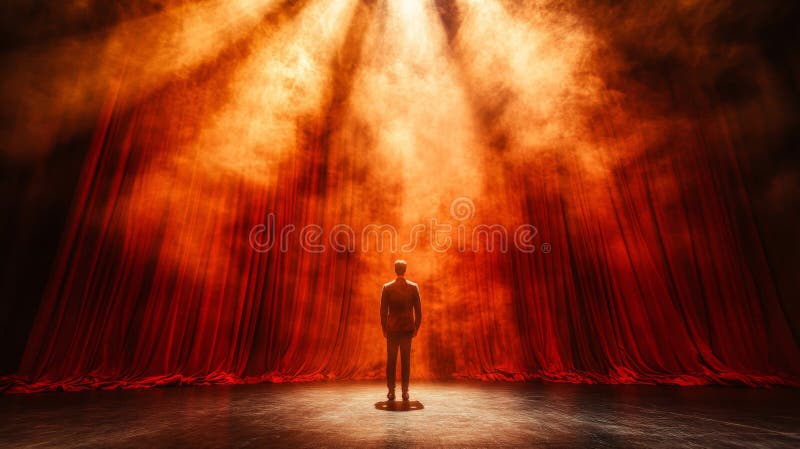 Solitary Figure on a Dark Red Stage with Dramatic Lighting Stock ...