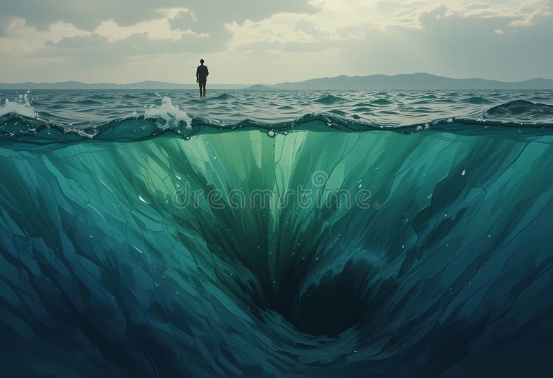 Solitary Figure on the Edge of a Deep Ocean Chasm Stock Illustration ...