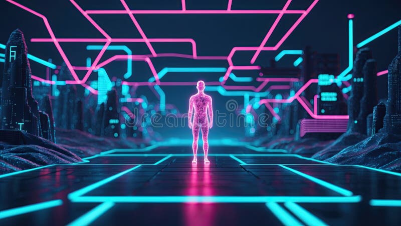 Solitary Figure Exploring Neon Cyberpunk Cityscape of Digital Future ...
