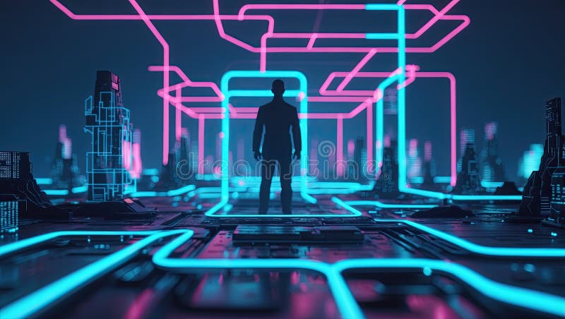 Solitary Figure Exploring Neon Cyberpunk Cityscape of Digital Future ...