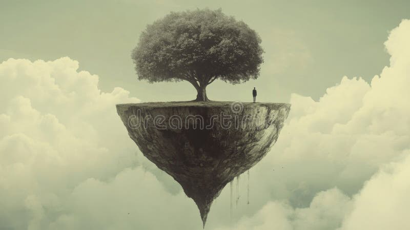 Solitary Figure on a Floating Island with a Tree Stock Illustration ...