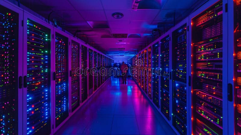 A Solitary Figure among Illuminated Server Racks in a Dark Data Center ...