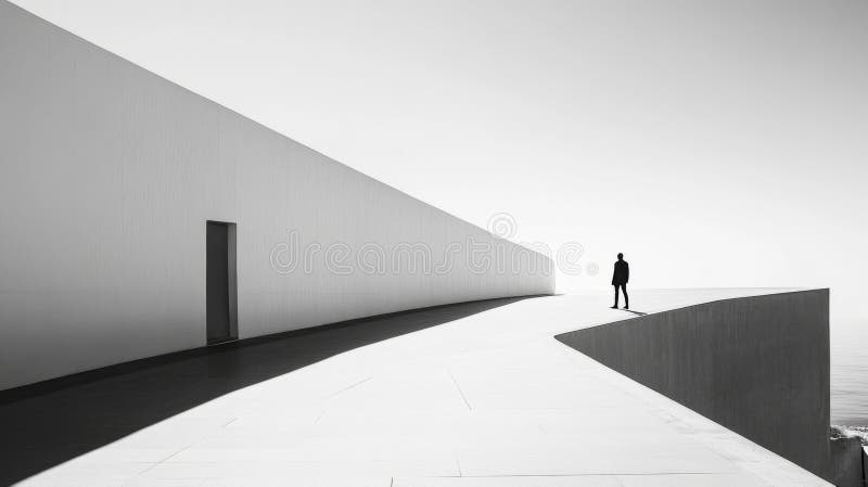 Solitary Figure at Minimalist Architecture by the Sea Stock ...