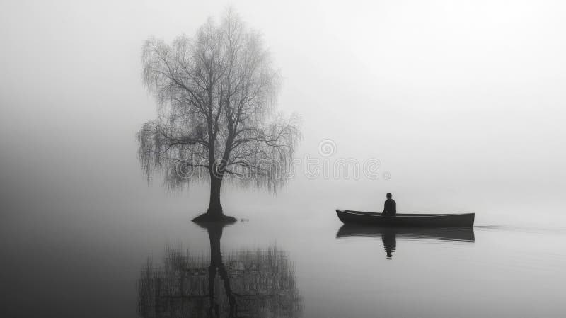 Solitary Figure in a Misty Lake with a Lone Tree Stock Illustration ...