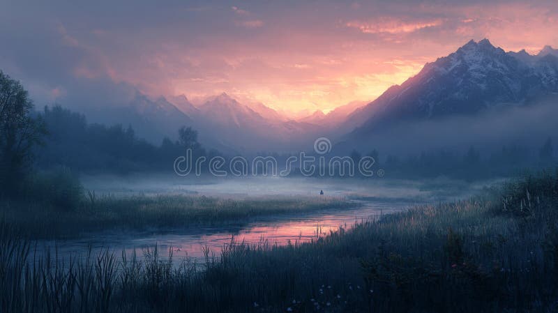 Solitary Figure in Misty Mountain Valley at Sunset Stock Image - Image ...