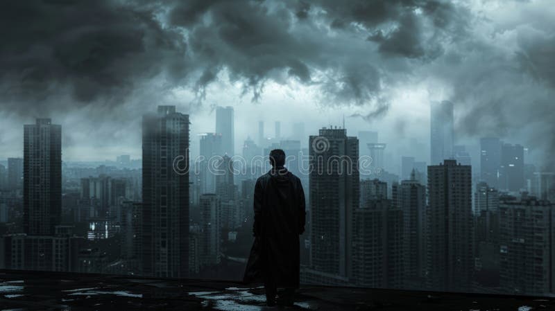 Solitary Figure Overlooking a Stormy Dystopian Metropolis Stock Photo ...