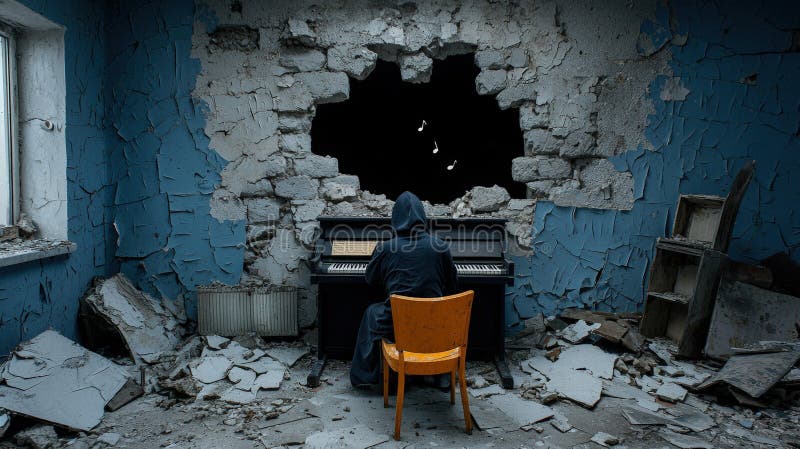 Solitary Figure Playing Piano in a Desolate Crumbling Room Evoking Deep ...