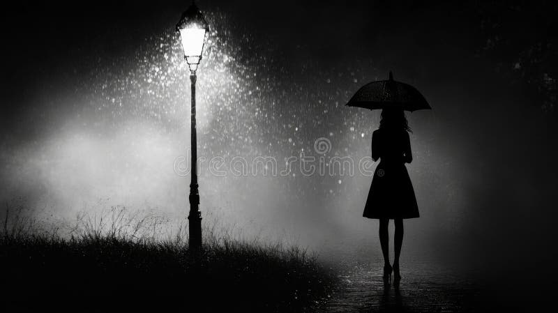 Solitary Figure in a Rainy City at Night Stock Illustration ...