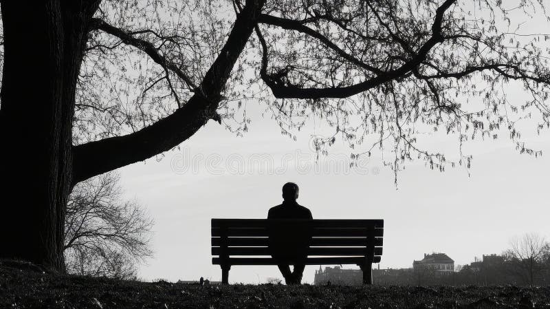 A Solitary Figure Sits on a Bench Under a Tree, Capturing a Moment of ...