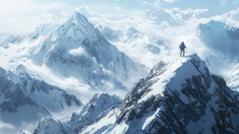 Solitary Figure on a Snow-Capped Mountain Peak Stock Illustration ...
