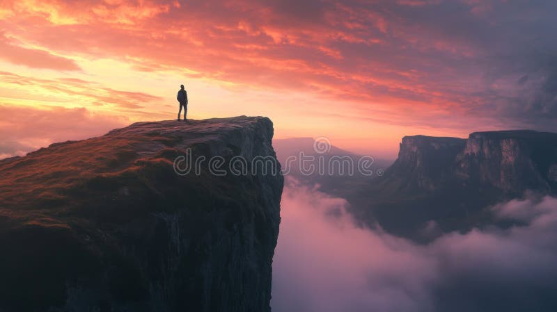 Solitary Figure Standing on a Clifftop at Sunset Stock Illustration ...