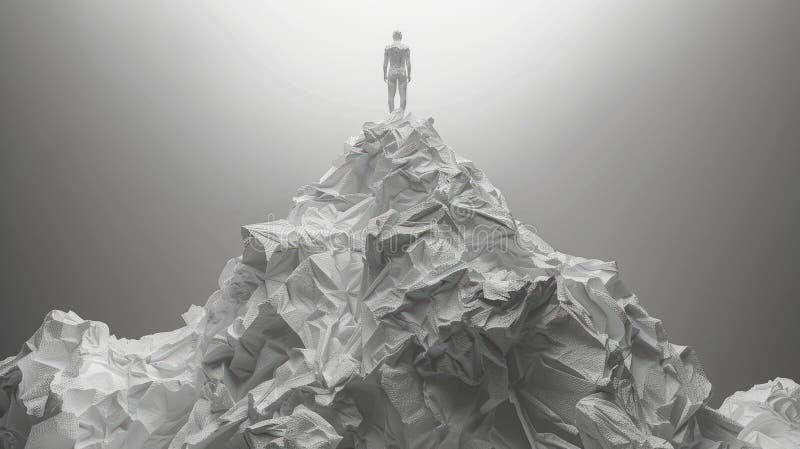 Solitary Figure Standing on Crumpled Paper Mountain Stock Image - Image ...