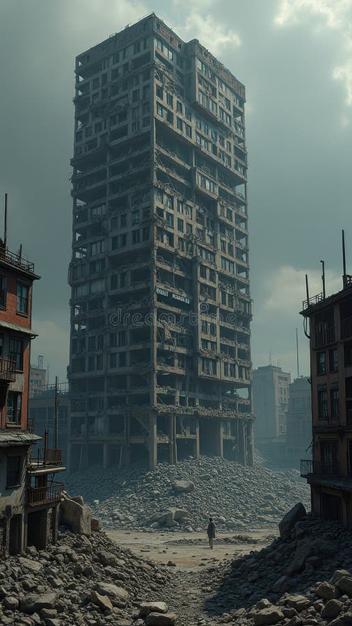 Solitary Figure in Urban Ruins Facing Towering Collapsed Building Stock ...