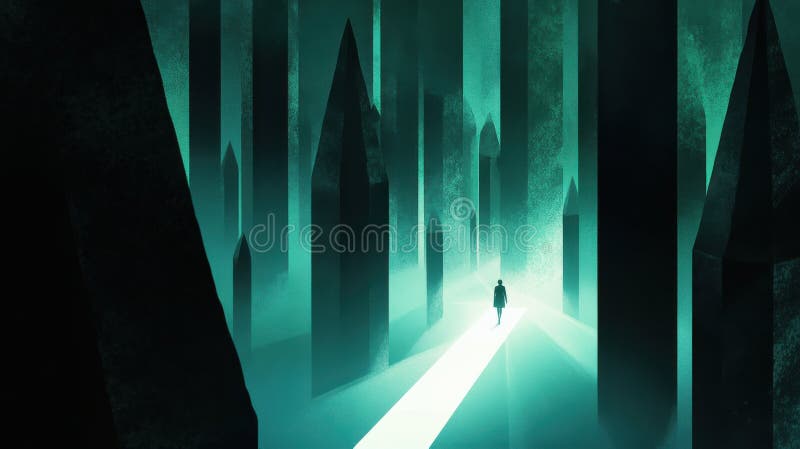 Solitary Figure Walking through Enigmatic Green Monolithic Structures ...