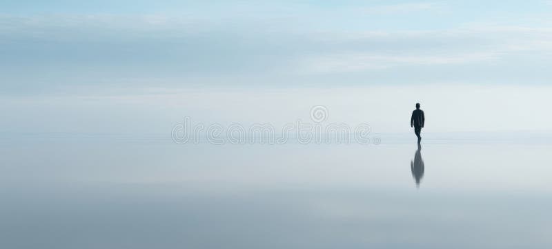 The Solitary Figure Walking through an Ethereal Reflective Landscape at ...