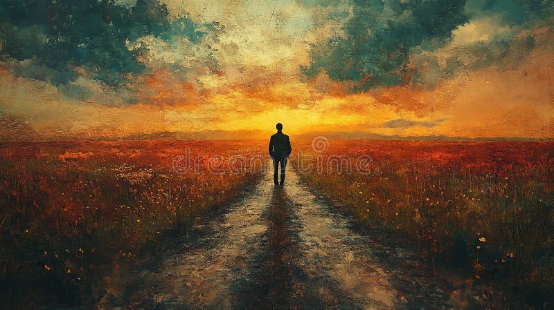 Solitary Figure Walking a Path Towards a Vibrant Sunset in a Field ...