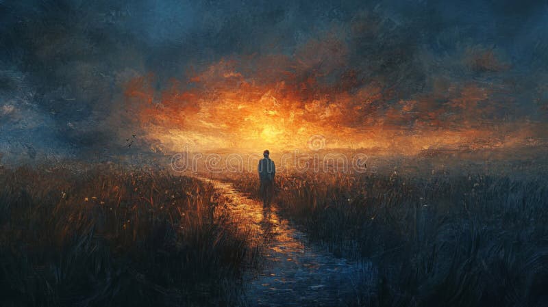 Solitary Figure Walking Towards a Dramatic Sunset Over Water Stock ...