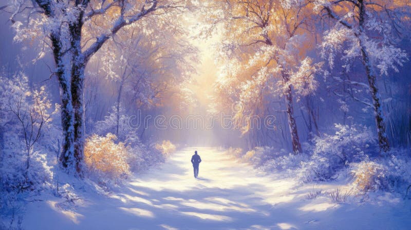 A Solitary Figure Walks through a Snowy Forest Path Stock Illustration ...