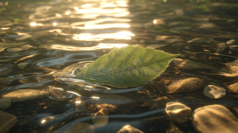 A Solitary Green Leaf Drifting Atop the Transparent Water Stock Image ...