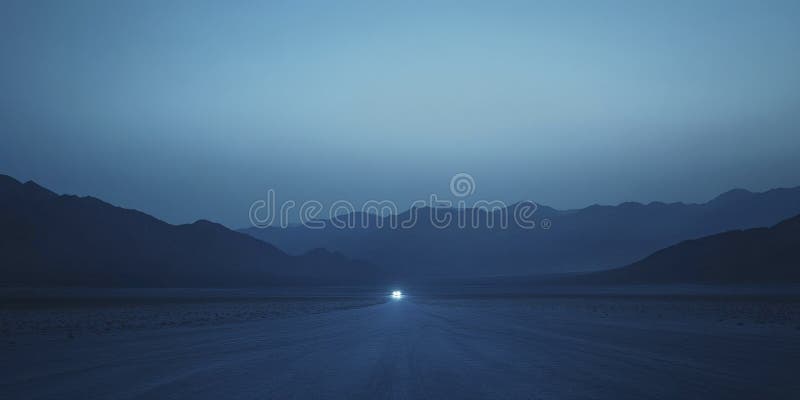 Solitary Light on Desolate Plain with Dark Mountains at Twilight Stock ...