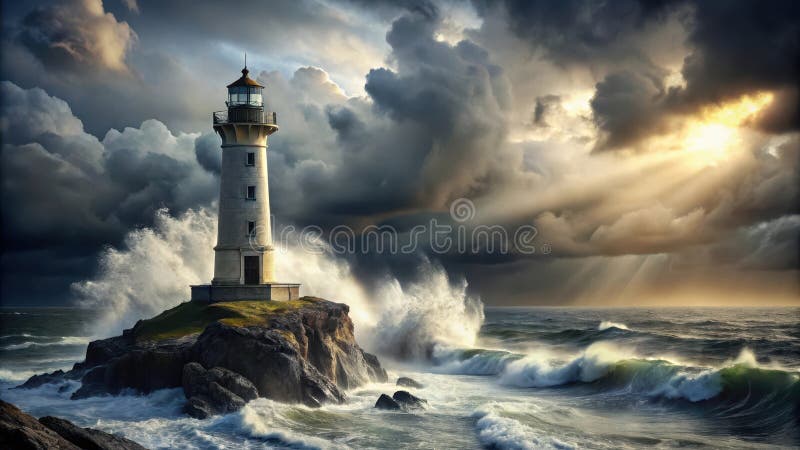 A Solitary Lighthouse Bravely Withstands a Tempestuous Ocean Storm ...