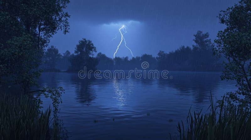 A Solitary Lightning Strike Illuminates a Dark, Rainy Lake Stock ...