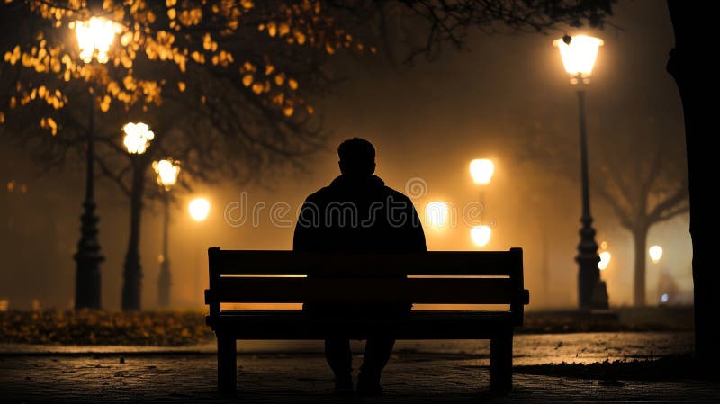 A Solitary Man Sits on a Park Bench at Night, Illuminated by the Park ...