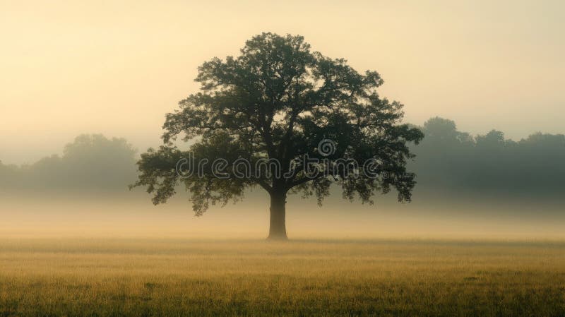 Solitary Oak Tree in Misty Morning Field Stock Illustration ...