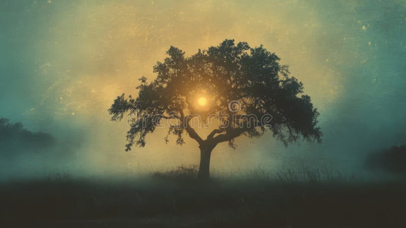 Solitary Oak Tree Sunrise Misty Field Scene Stock Illustration ...