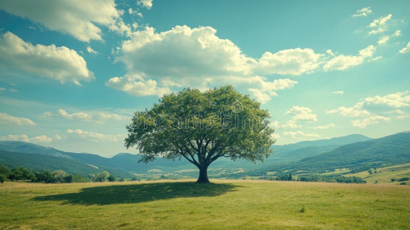 Lone Oak Tree Open Field Under Blue Sky Fluffy Clouds Stock Photos ...
