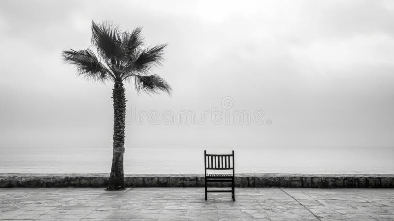 Solitary Palm Tree and Bench by the Sea Under a Cloudy Sky Stock ...