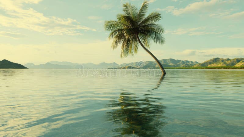 Solitary Palm Tree in Calm Tropical Ocean at Sunset Stock Illustration ...