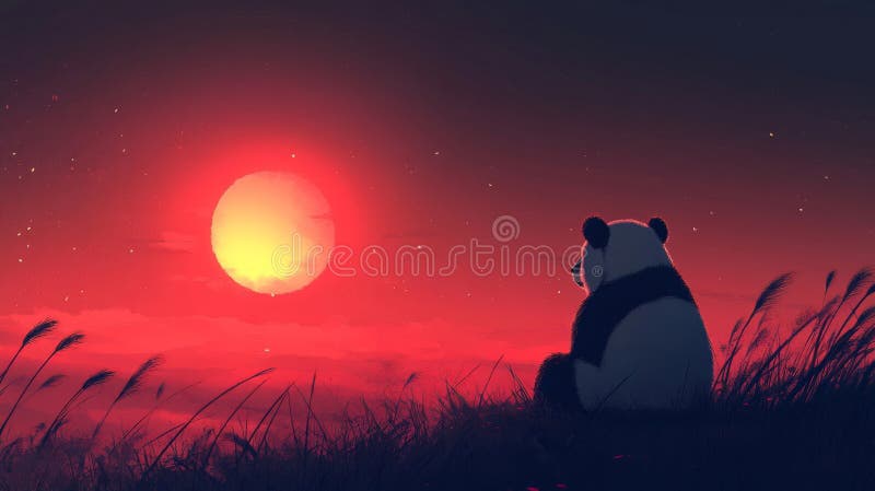 Solitary Panda Watching a Crimson Sunset Scene Stock Illustration ...