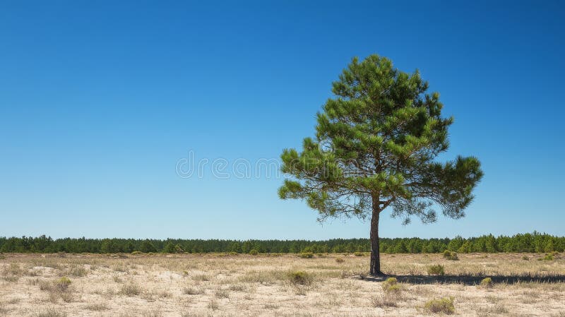 Solitary Pine Tree in a Sunlit Open Field Under a Bright Blue Sky, with ...