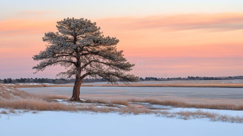 Solitary Pine Tree Winter Sunset Lakeside Scene Stock Illustration ...