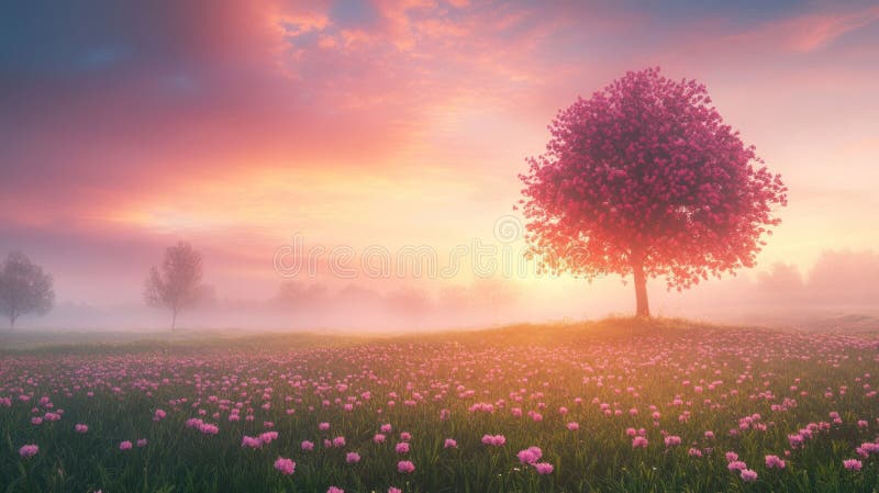 Solitary Pink Tree in a Misty Field at Sunrise Stock Illustration ...